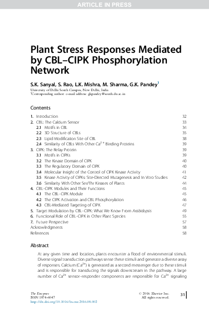 (PDF) Plant Stress Responses Mediated by CBL–CIPK Phosphorylation Network