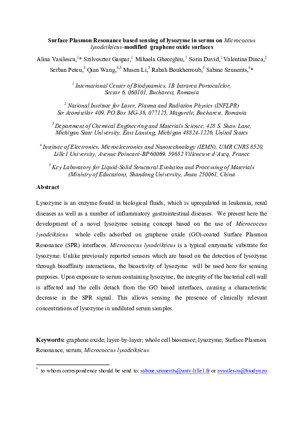 (PDF) Surface Plasmon Resonance based sensing of lysozyme in serum on ...