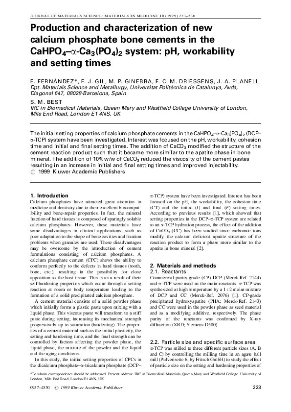 (PDF) Production and characterization of new calcium phosphate bone cements in the CaHPO4-alpha ...