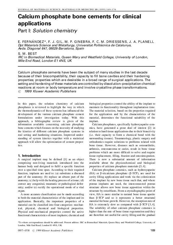 (PDF) Calcium phosphate bone cements for clinical applications. Part I: solution chemistry
