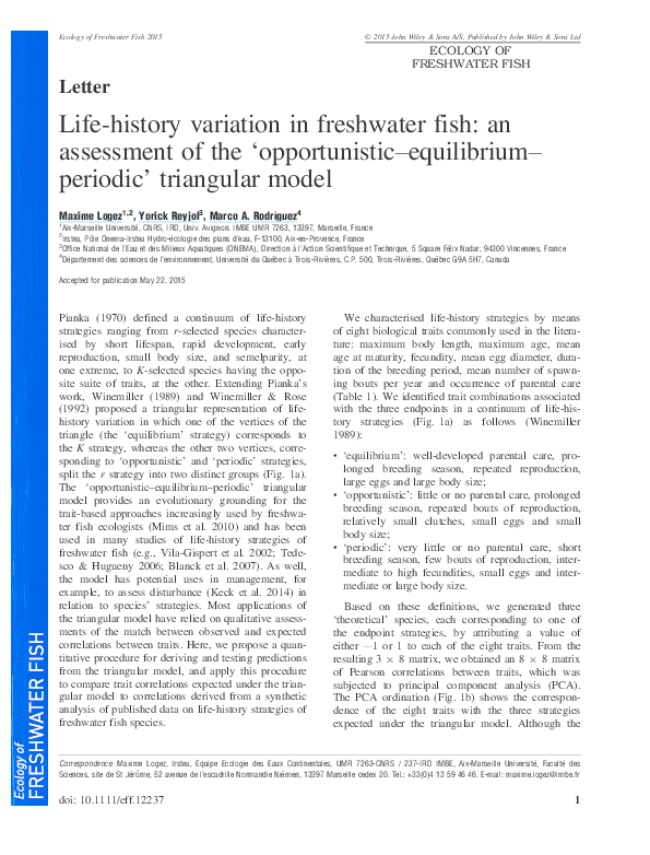 (PDF) Life-history variation in freshwater fish: an assessment of the ...