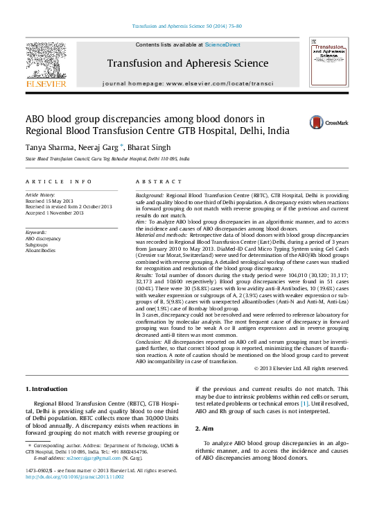 (PDF) ABO blood group discrepancies among blood donors in Regional ...