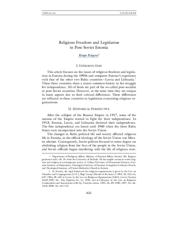(PDF) Religious freedom and legislation in post-Soviet Estonia | Ringo ...