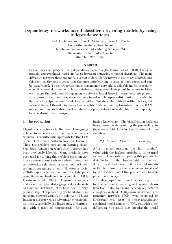 (PDF) Dependency networks based classifiers: learning models by using independence