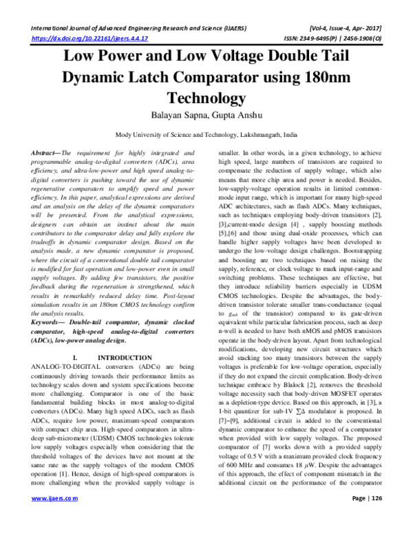 Pdf Low Power And Low Voltage Double Tail Dynamic Latch Comparator Using 180nm Technology