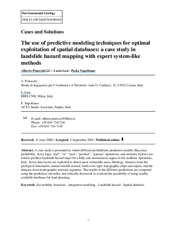 Pdf The Use Of Predictive Modeling Techniques For Optimal Exploitation Of Spatial Databases A