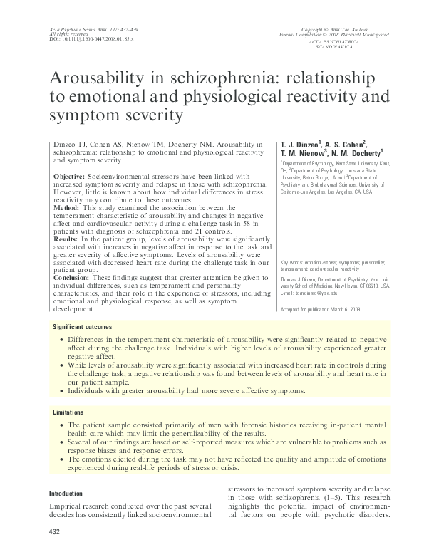 (PDF) Arousability in schizophrenia: relationship to emotional and ...