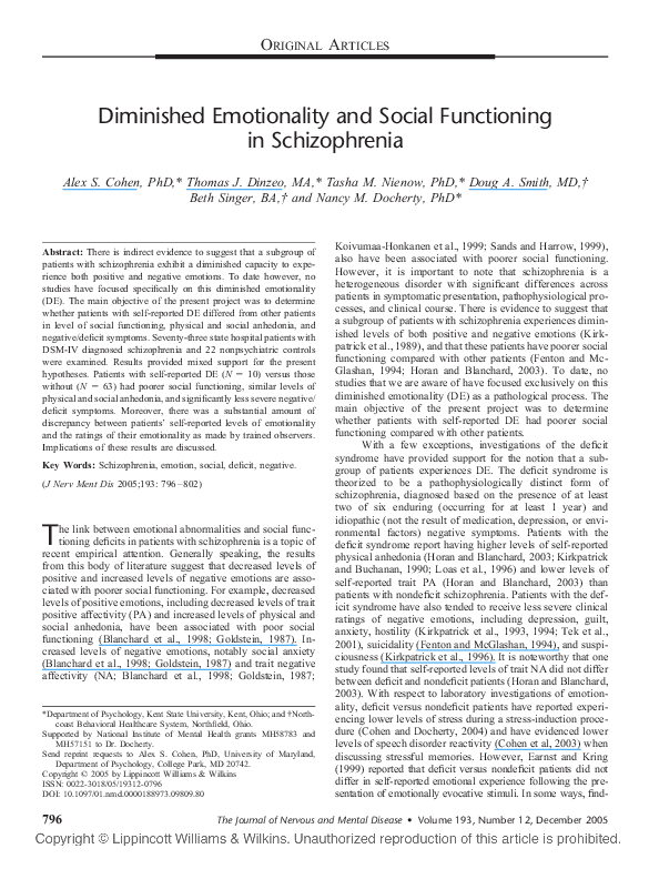 (PDF) Diminished Emotionality and Social Functioning in Schizophrenia