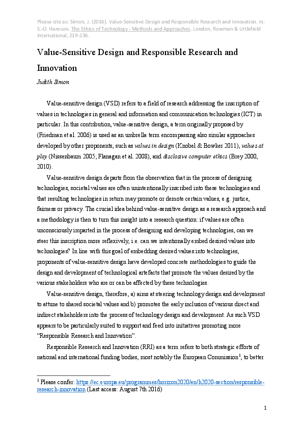 (PDF) Value-Sensitive Design and Responsible Research and Innovation