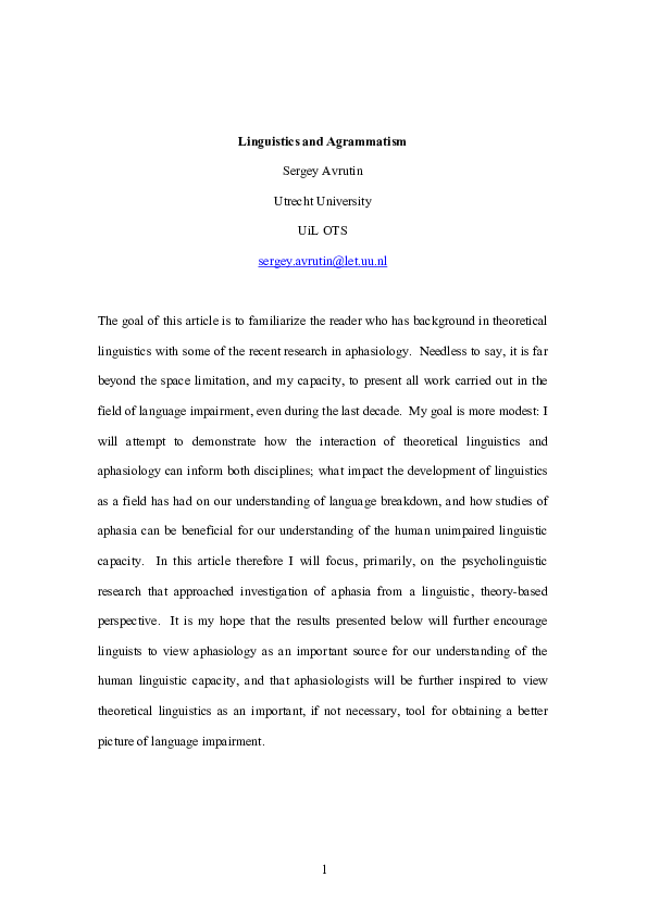 (PDF) Linguistics and Agrammatism