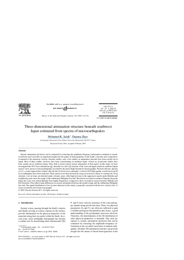 (PDF) Three-dimensional attenuation structure beneath southwest Japan estimated from spectra of ...