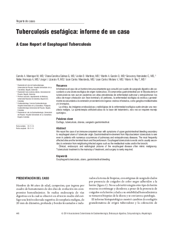 (PDF) Reporte de casos Tuberculosis esofágica: informe de un caso A ...