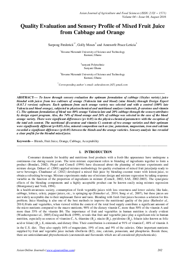 (PDF) Quality Evaluation and Sensory Profile of Mixed Fruit Juice from ...