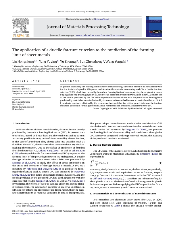 Pdf The Application Of A Ductile Fracture Criterion To The Prediction