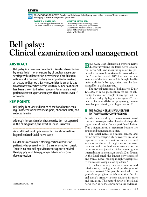 (PDF) Bell palsy: Clinical examination and management