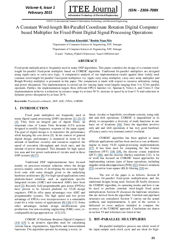 Pdf A Constant Word Length Bit Parallel Coordinate Rotation Digital Computer Based Multiplier