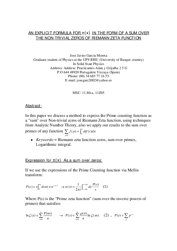 (PDF) An explicit formula for Pi(x) in the form of a sum over the Nontrivial zeros of the ...