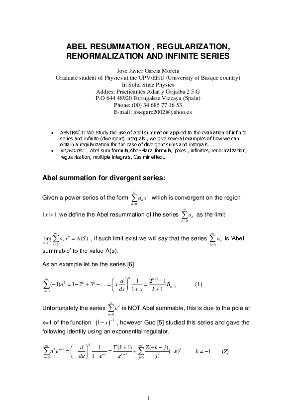 (PDF) Abel Resummation , Regularization, Renormalization and Infinite ...