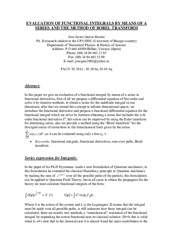 (PDF) Evaluation of Functional Integrals by means of series and the method of Borel transform
