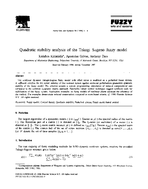 (PDF) Quadratic stability analysis of the Takagi-Sugeno fuzzy model
