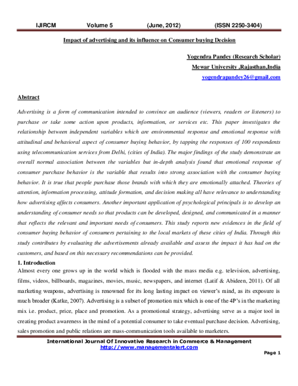 Pdf Impact Of Advertising And Its Influence On Consumer Buying Decision
