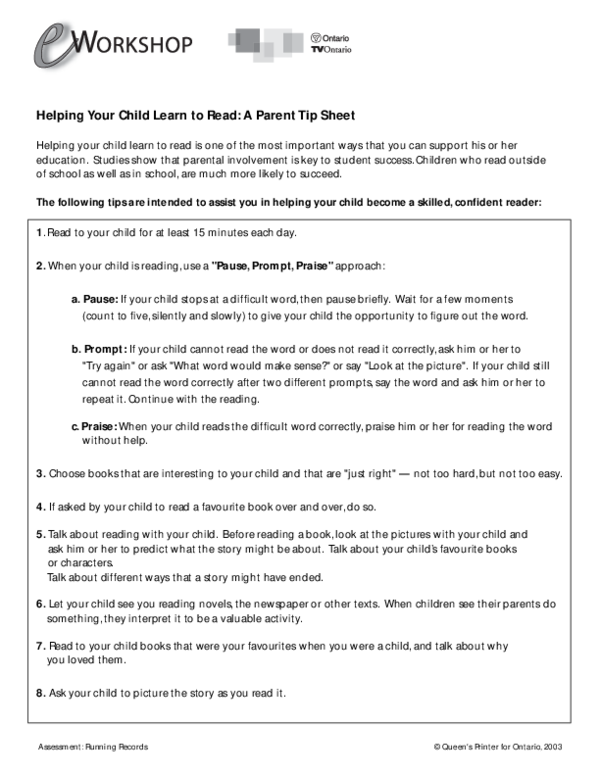 (PDF) Helping Your Child Learn to Read: A Parent Tip Sheet