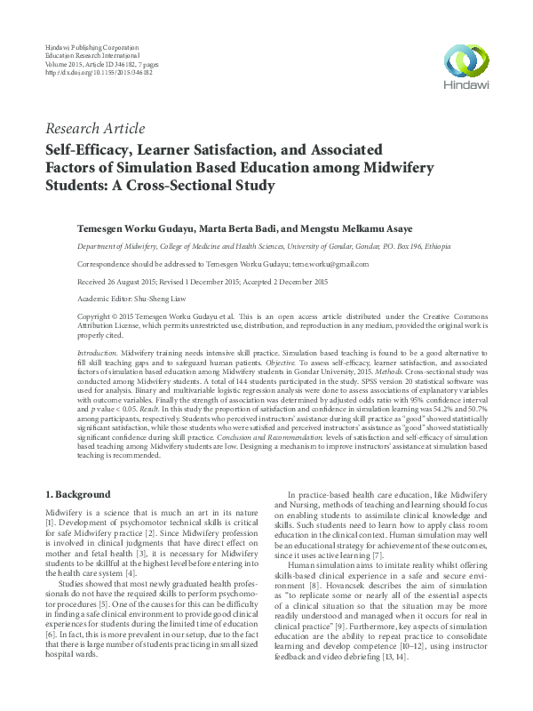 (PDF) Self-Efficacy, Learner Satisfaction, and Associated Factors of Simulation Based Education ...