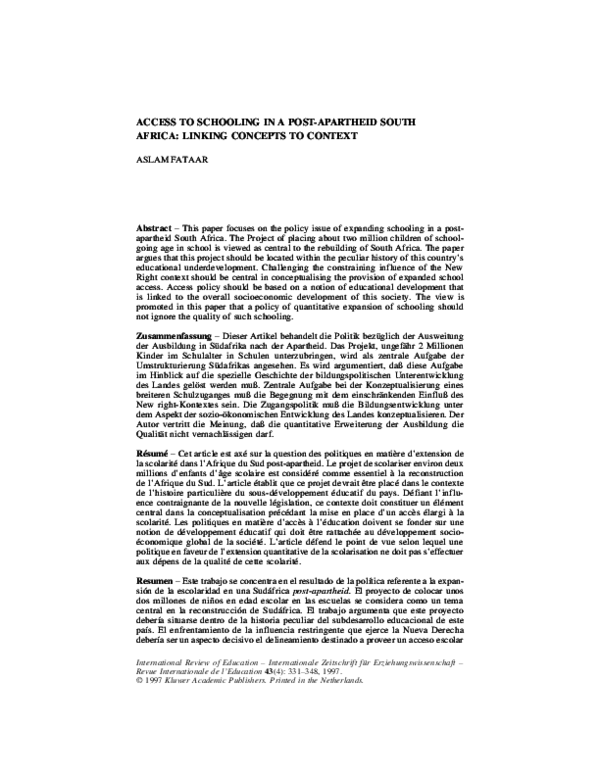 (PDF) Access to Schooling in a Post-Apartheid South Africa: Linking ...