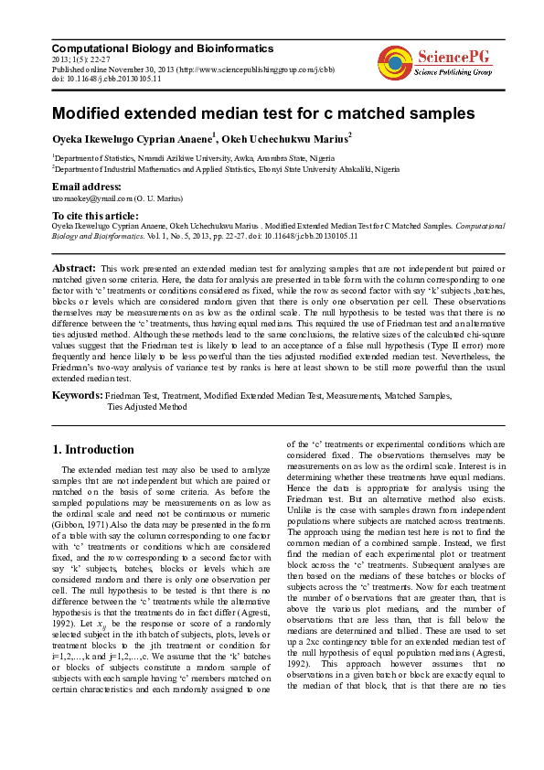 Pdf Modified Extended Median Test For C Matched Samples