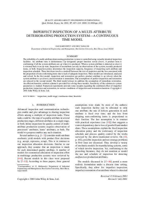 Pdf Imperfect Inspection Of A Multi Attribute Deteriorating Production Systema Continuous