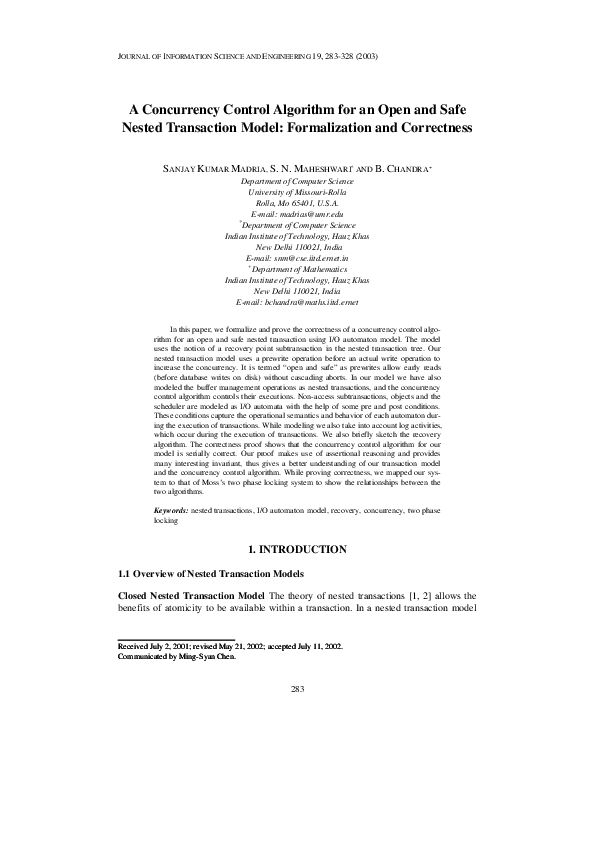 A Concurrency Control Algorithm For An Open And Safe Nested Transaction 0776