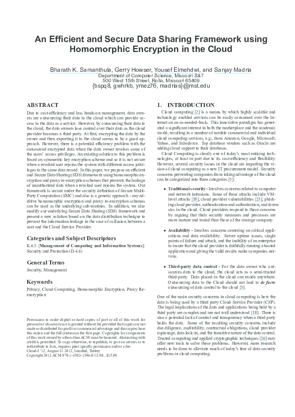 Pdf An Efficient And Secure Data Sharing Framework Using Homomorphic
