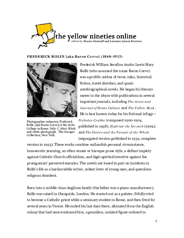 (PDF) Frederick Rolfe [aka Baron Corvo] (1860-1913) from "The Yellow ...