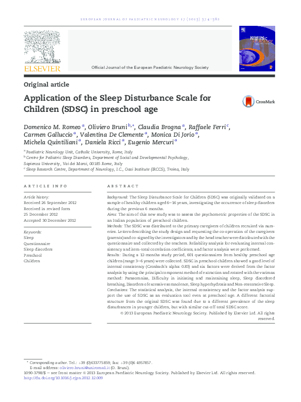 (PDF) Application of the Sleep Disturbance Scale for Children (SDSC) in ...