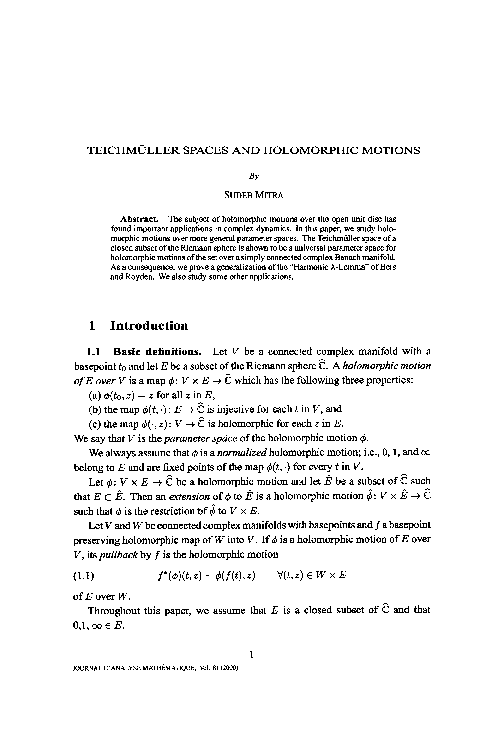 (PDF) TEICHMULLER SPACES AND HOLOMORPHIC MOTIONS | Sudeb Mitra - Academia.edu