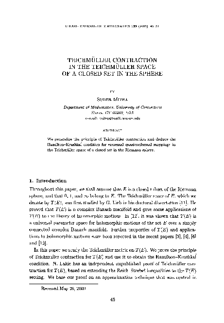 (PDF) TEICHM~)LLER CONTRACTION IN THE TEICHM/JLLER SPACE OF A CLOSED SET IN THE SPHERE