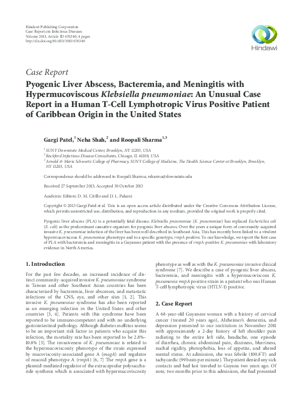 (PDF) Pyogenic Liver Abscess, Bacteremia, and Meningitis with Hypermucoviscous Klebsiella ...