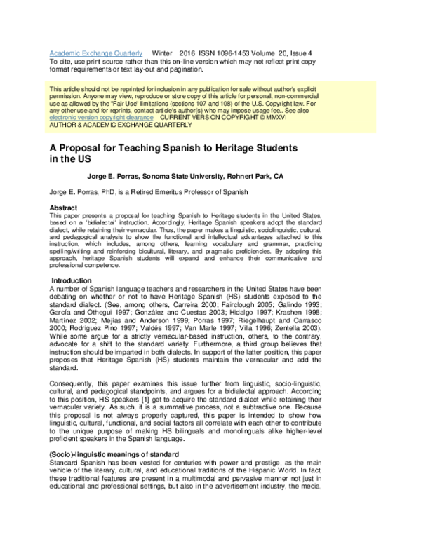 (PDF) A Proposal for Teaching Spanish to Heritage Students in the US