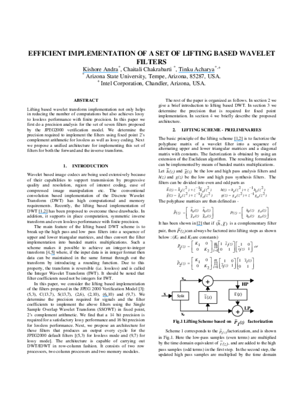 Pdf Efficient Implementation Of A Set Of Lifting Based Wavelet Filters