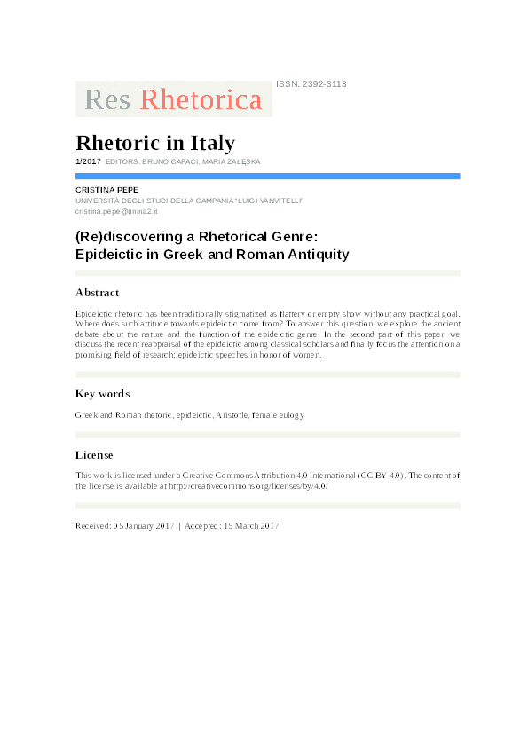 (PDF) Rhetoric in Italy (Re)discovering a Rhetorical Genre: Epideictic ...