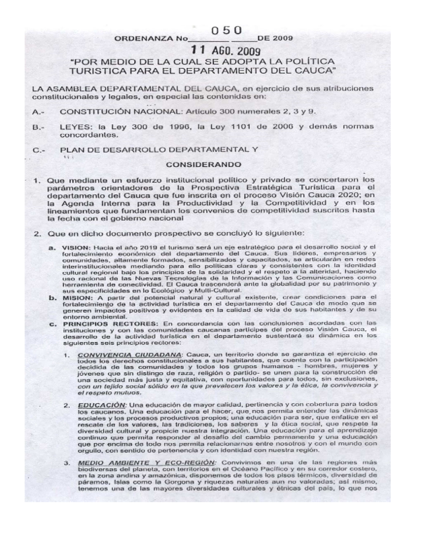 (PDF) Ordenanza 050 2009 § Política de Turismo (Departamento del Cauca) Colombia