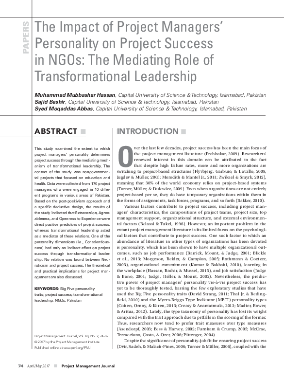 (PDF) The Impact of Project Managers' Personality on Project Success in NGOs: The Mediating Role ...