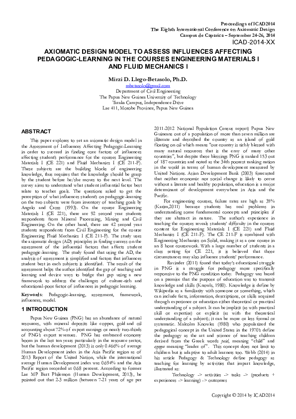 Axiomatic Design to Assess Influences Affecting Pedagogic-Learning in the Courses Engineering ...