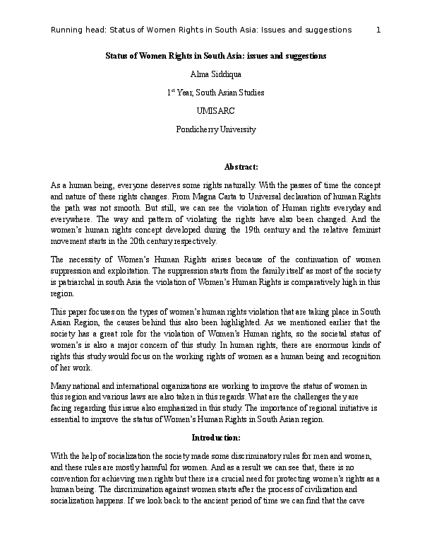 (DOC) Status of Women Rights in South Asia: issues and suggestions