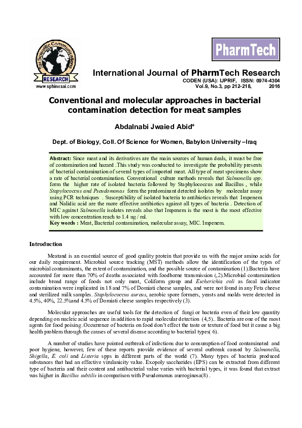 Pdf Conventional And Molecular Approaches In Bacterial Contamination Detection For Meat Samples