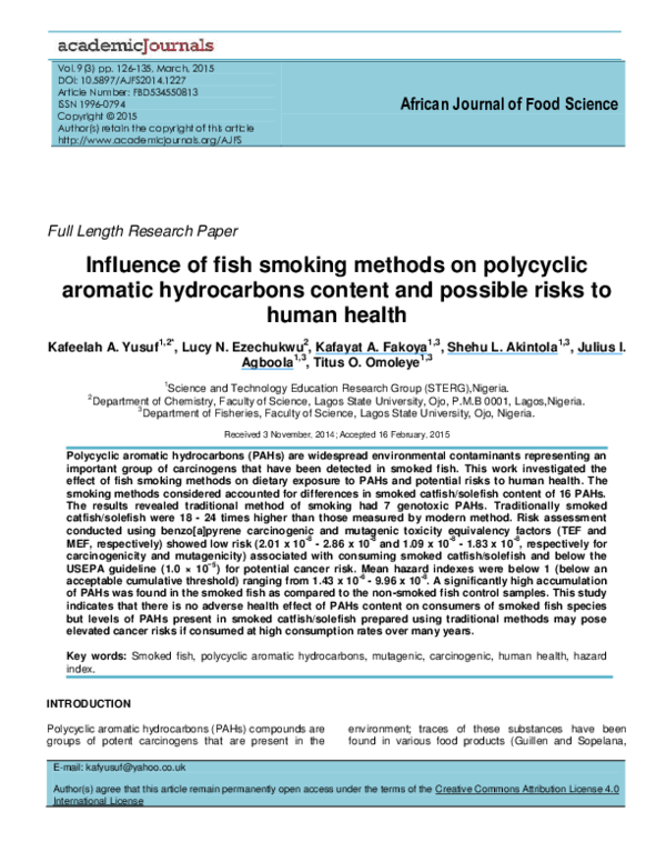 (PDF) Levels of Polycyclic Aromatic Hydrocarbons ( PAHs ) in Some Fish Samples from Mushin Area ...