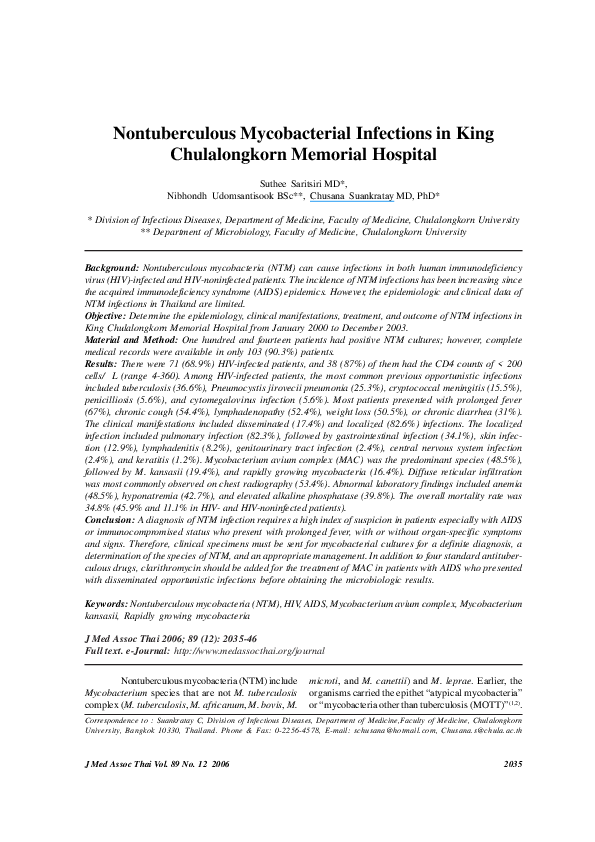 (PDF) Nontuberculous mycobacterial infections in King Chulalongkorn ...