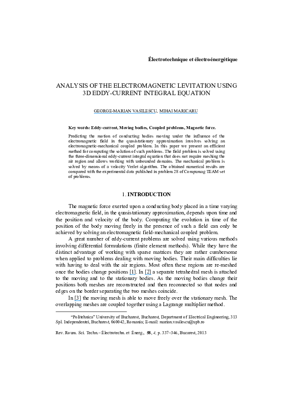 (PDF) Analysis of the Electromagnetic Levitation Using 3D Eddy-Current Integral Equation