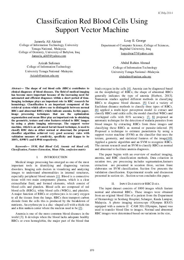 (PDF) Classification red blood cells using support vector machine