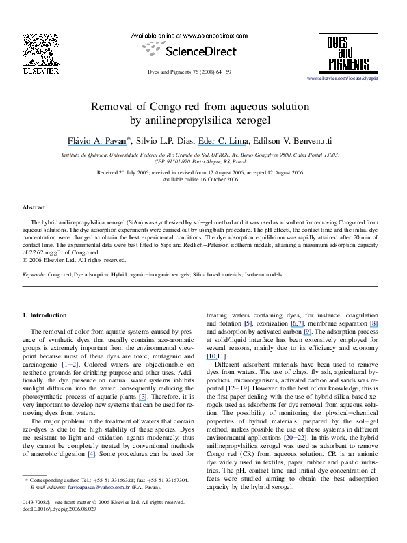 (PDF) Removal of Congo red from aqueous solution by anilinepropylsilica xerogel | Eder Lima ...